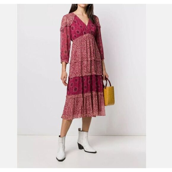 ba&sh | Dresses | Bash Gypsy Rosetiered Midi Dress Crepe Rusty Burgundy ...